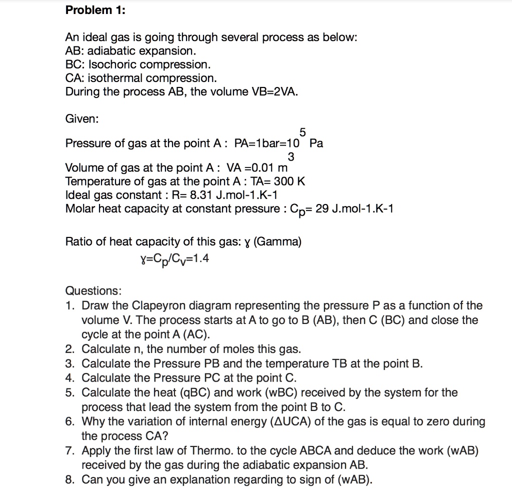 SOLVED: Problem I: An ideal gas is going through several processes as ...
