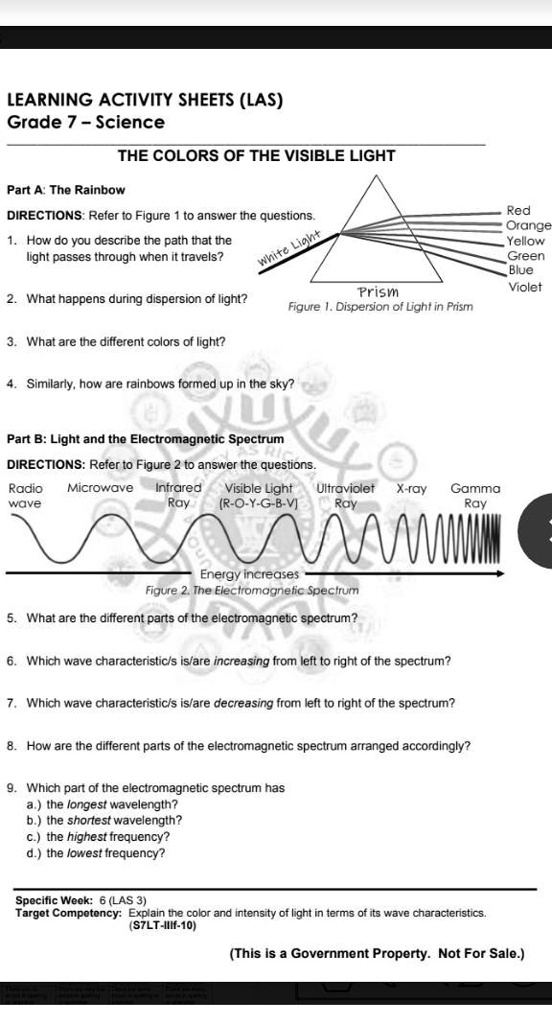 SOLVED: Part A: The rainbow. LEARNING ACTIVITY SHEETS (LAS) Grade 7 ...