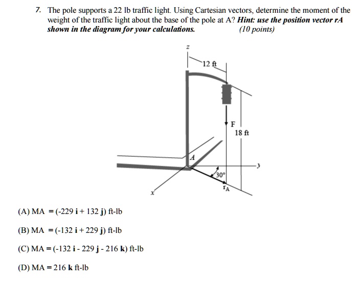 the pole supports 22 lb traflic light using cartesian vectors determine ...