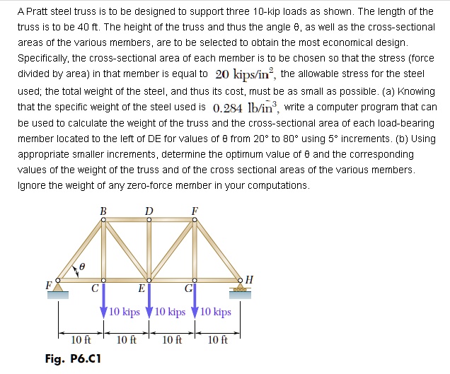 SOLVED: A Pratt steel truss is to be designed to support three 10-kip ...