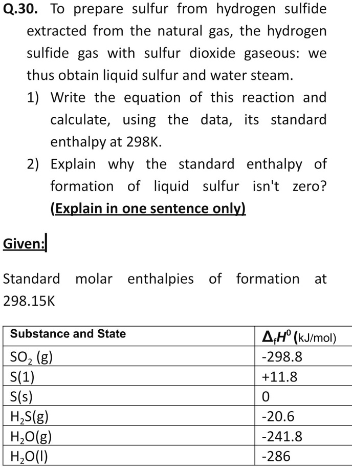 SOLVED: Q.30. To prepare sulfur from hydrogen sulfide extracted from ...