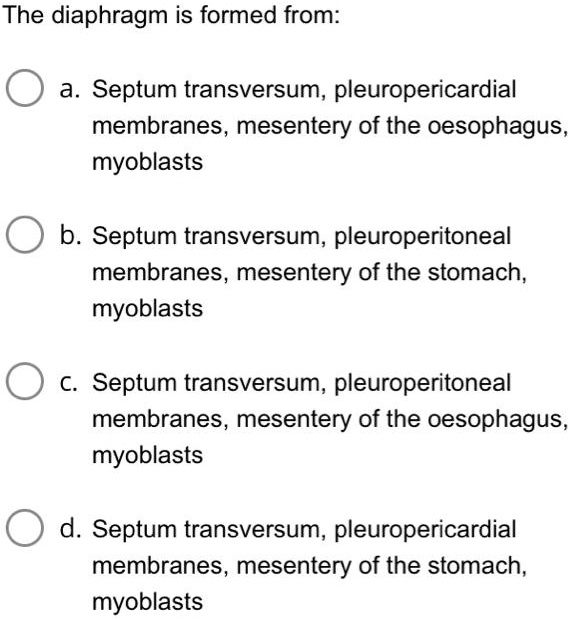 The diaphragm is formed from: a. Septum transversum, pleuropericardial ...