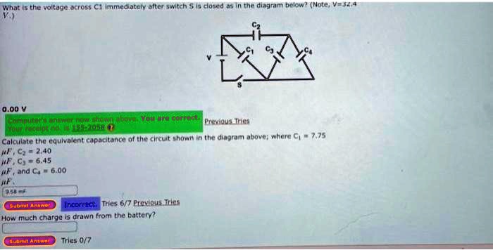 What is the voltage across C1 immediately after switch S is closed as ...