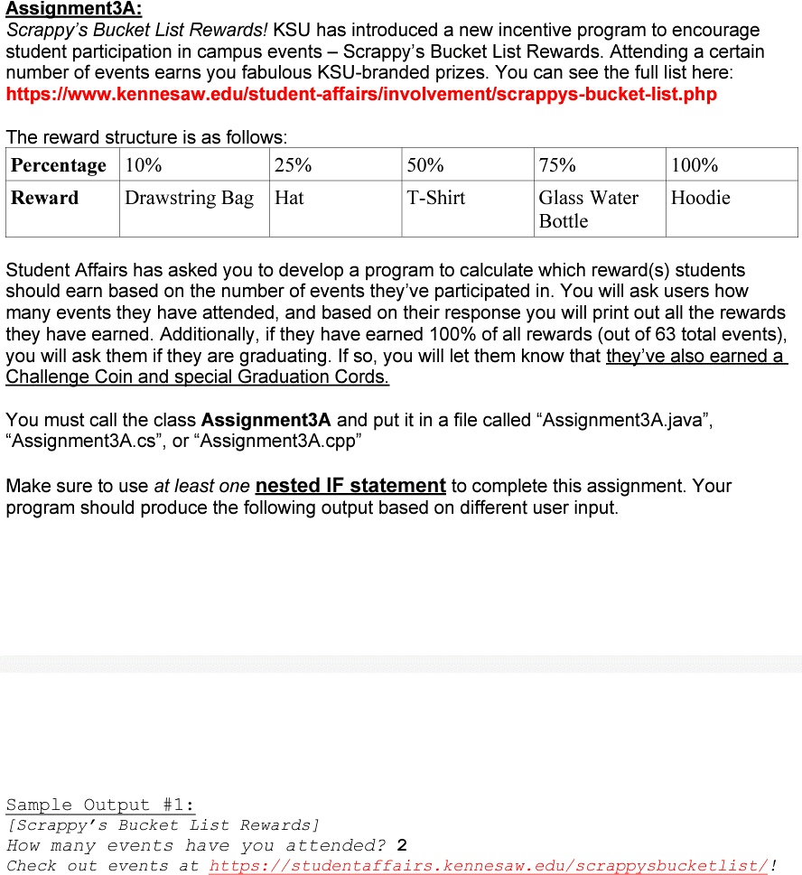 SOLVED: Assignment3A: Scrappy's Bucket List Rewards! KSU has introduced ...