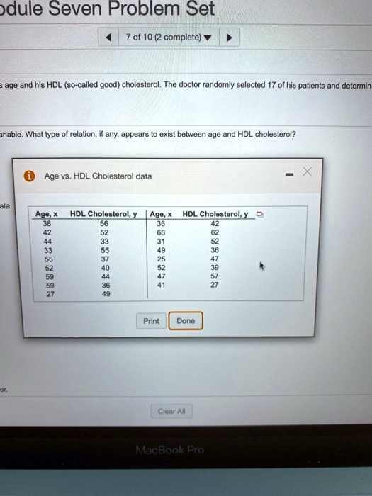 SOLVED: dule Seven Problem Set of 10 (2 complete) age and his HDL (so ...