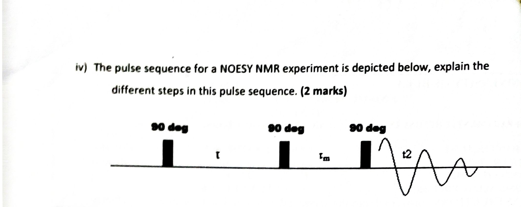 iv) The pulse sequence for a NOESY NMR experiment is depicted below, explain the different steps ...
