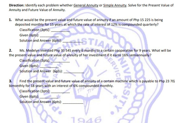 SOLVED: Direction: Identify each problem whether General Annuity or ...