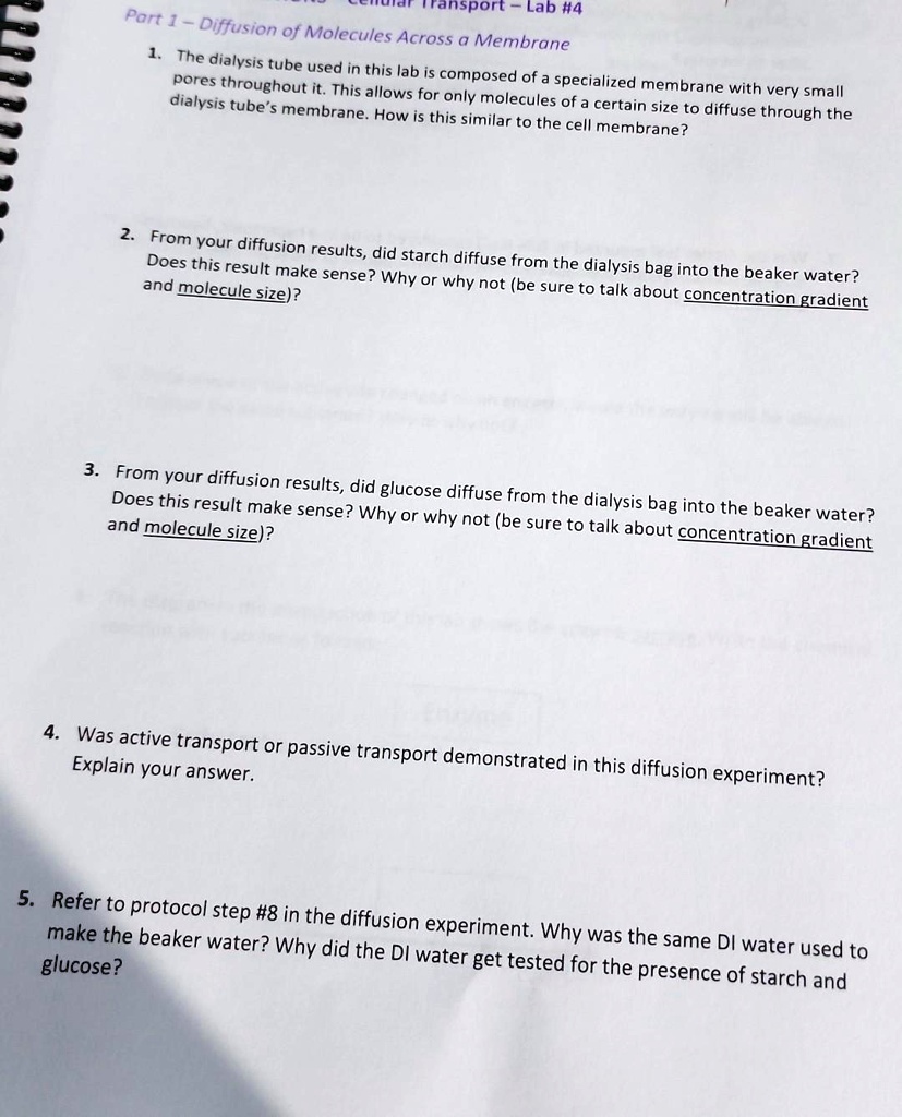 Part 1 - Diffusion of Molecules Across a Membrane 1. The dialysis tube ...