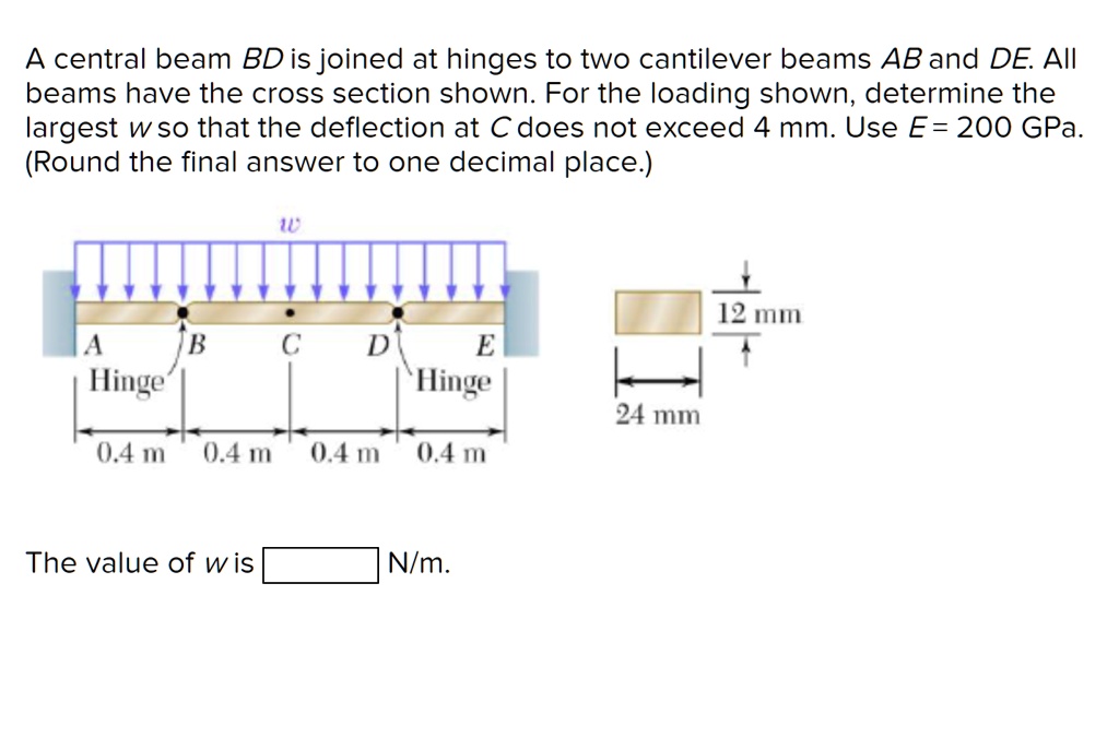 A central beam BD is joined at hinges to two cantilever beams AB and DE ...
