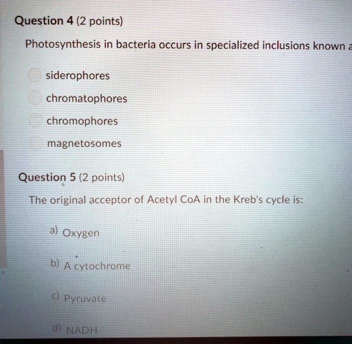 SOLVED: Question 4 (2 points) Photosynthesis in bacteria occurs in ... SOLVED: Question 4 (2 points) Photosynthesis in bacteria occurs in ...