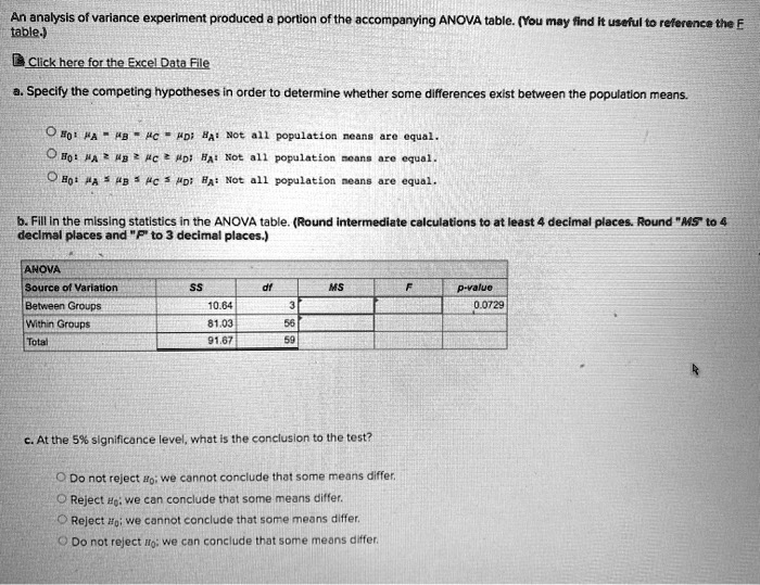 SOLVED: An analysis of variance experiment produced a portion of the accompanying ANOVA table ...