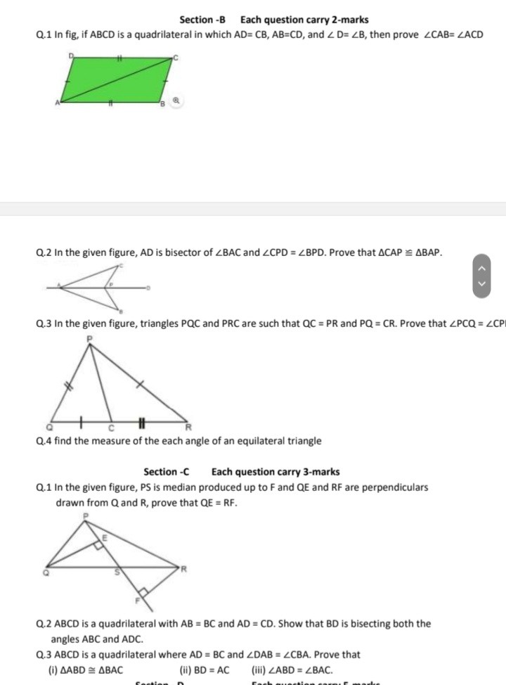 Section -B Each question carry 2-marks Q. 1 In fig, if A B C D is a quadrilateral in which A D=C ...