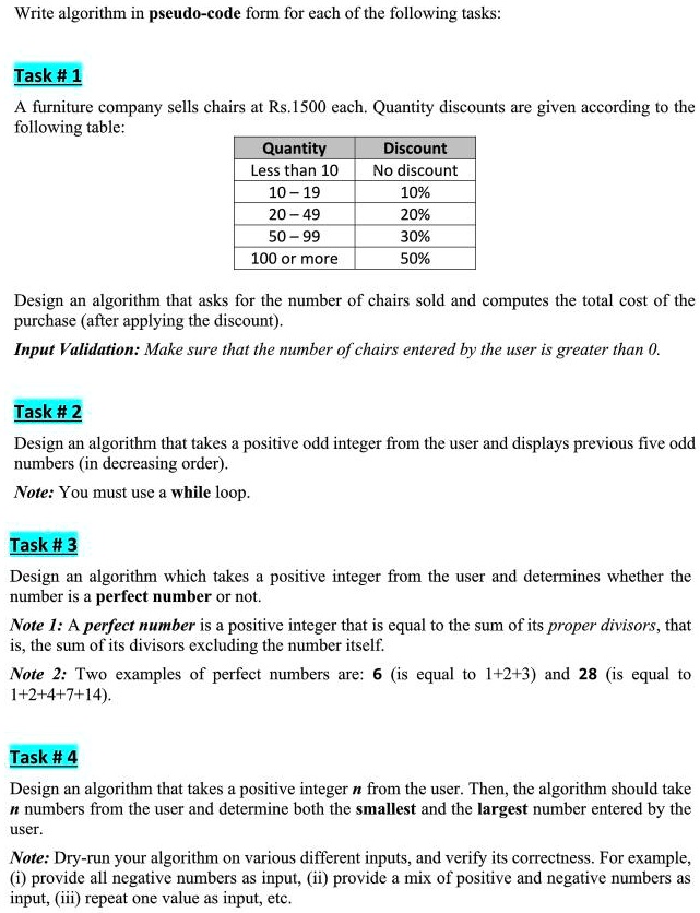 Solved Write An Algorithm In Pseudo Code Form For Each Of The Following Tasks Task 1 A