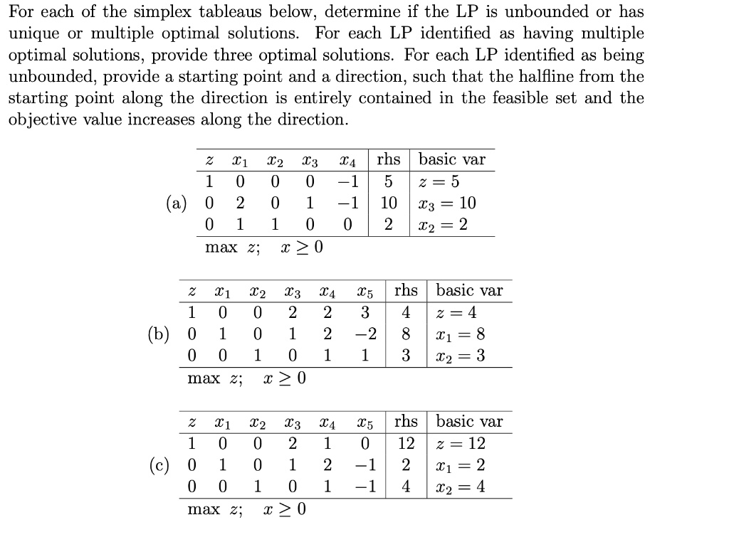 Solved For Each Of The Simplex Tableaus Below Determine If The Lp Is Unbounded Or Has Unique