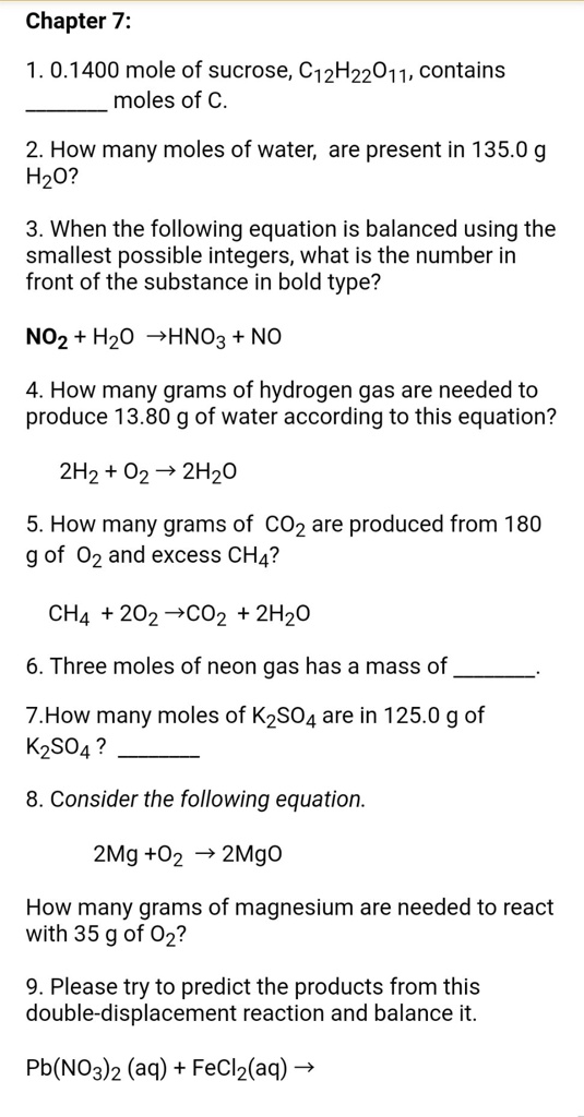 SOLVED: Chapter 7: 1. 0.1400 mole of sucrose; C12H22O11, contains moles ...