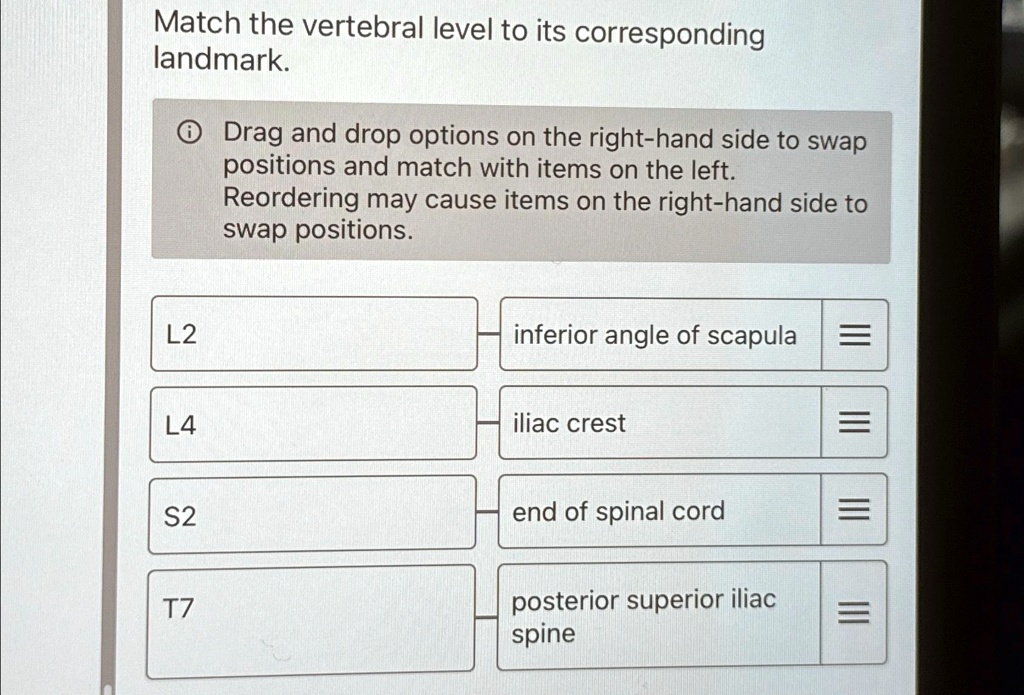 Match the vertebral level to its corresponding landmark: L2 - Inferior ...