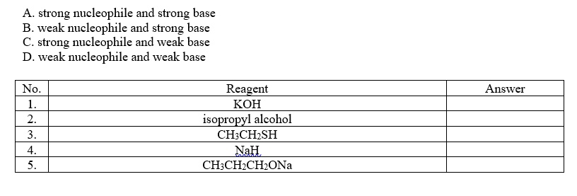 SOLVED: Text: strong nucleophile and strong base weak nucleophile and ...