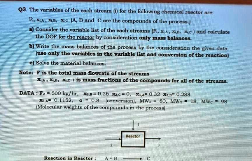 SOLVED: Q3. The variables of each stream in the following chemical reactor are F, XA, XB, and XC ...