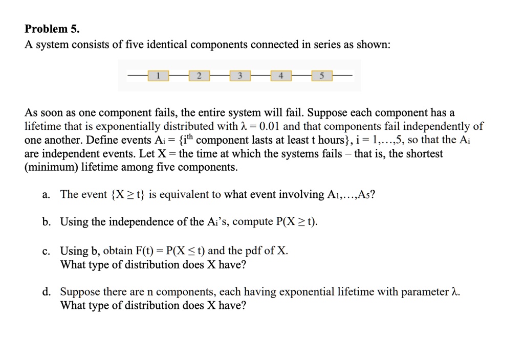 SOLVED: Problem 5. A system consists of five identical components connected in series as shown ...