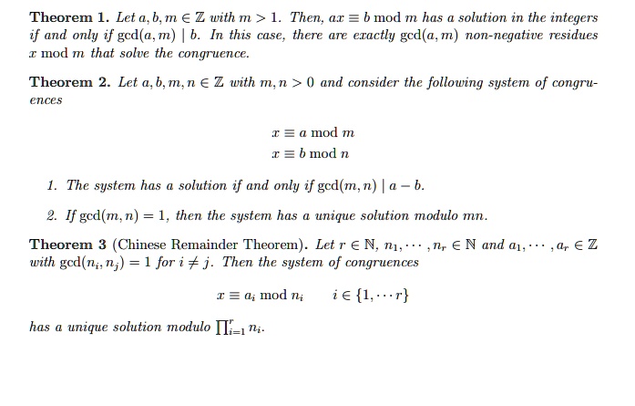SOLVED: Theorem 1: Let a, b, m âˆˆ Z with m > 1. Then, ar â‰¡ b (mod m ...
