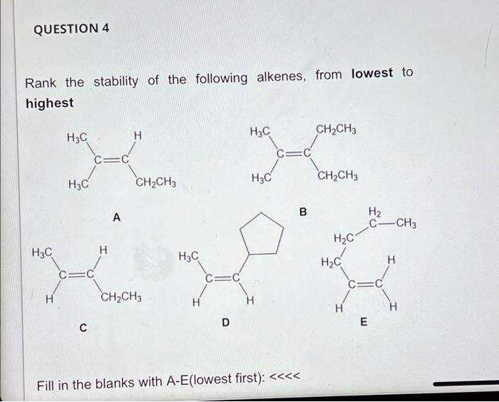 SOLVED: Rank the stability of the following alkenes, from lowest to ...
