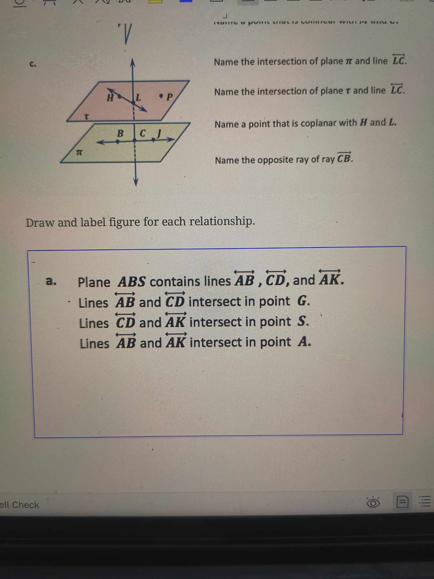 SOLVED: c. Name the intersection of plane π and line L C. Name the ...