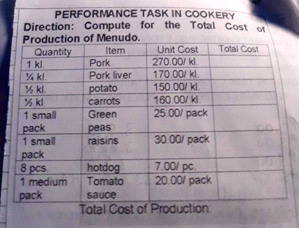 SOLVED: PASAGOT PLS PASAGOT PO PLS PERFORMANCE TASK IN COOKERY Direction: Compute for the Total ...