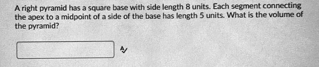 A right pyramid has a square base with side length 8 units. Each segment connecting the apex to ...