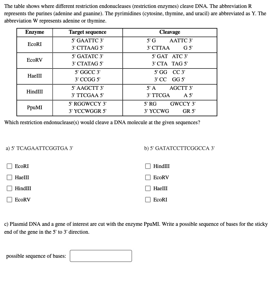 SOLVED: The table shows where different restriction endonucleases (restriction enzymes) cleave ...