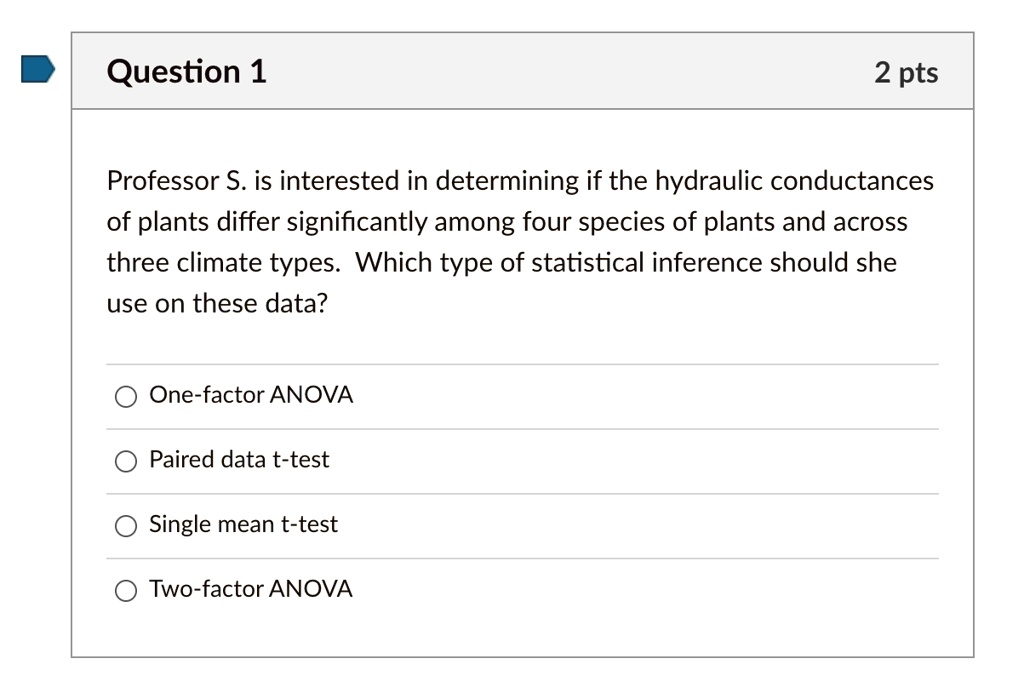 SOLVED: Question 1 2 pts Professor S. is interested in determining if ...