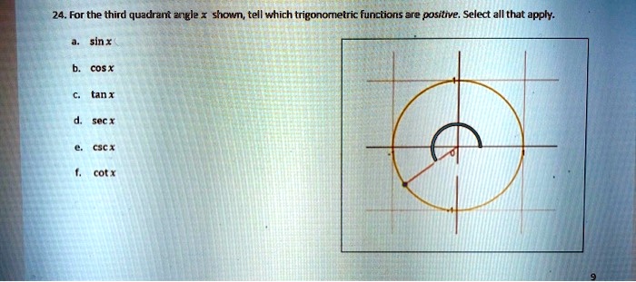 SOLVED: 24. For the third quadrant angle shown; tell which ...