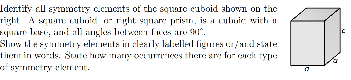 Identify all symmetry elements of the square cuboid shown on the right ...