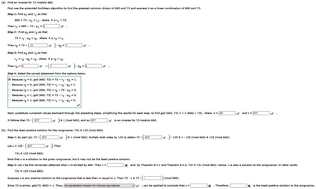 Please Fill Answer The Four Remaining Boxes At The Bottom A Find An Inverse For 73 Modulo 660
