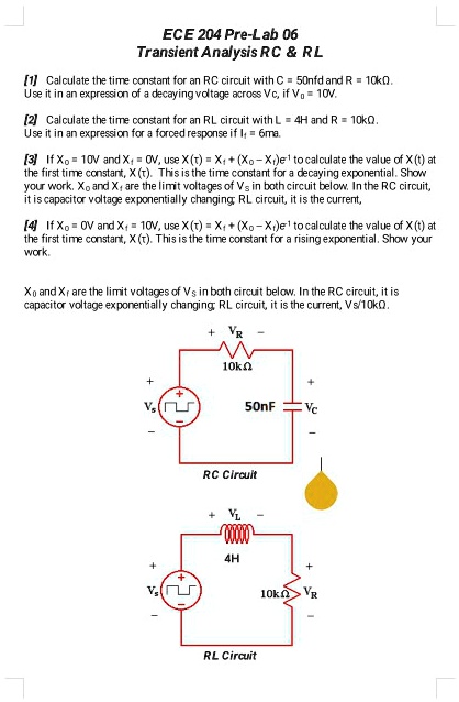 Solved Ece204pre Lab 06 Transient Analysisrc Rl [1]calculate The Time