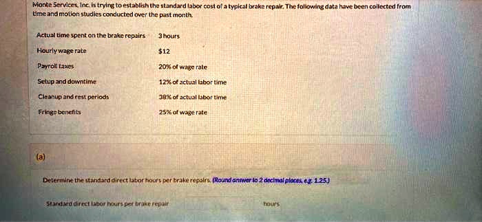 SOLVED: What is the standard direct labor hours per brake repair? What ...
