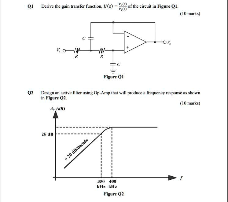 Q1 Derive the gain transfer function, H(s) = (Vo(s))/(Vi(s)) of the circuit in Figure Q1. (10 ...