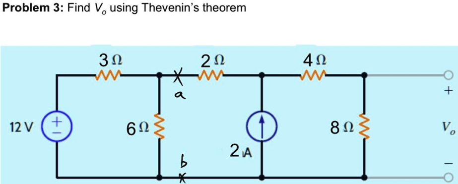 SOLVED: Problem 3: Find Vo using Thevenin's theorem 30 ohms 20 ohms 40 ohms + a 12V 60 80 Vo 2A