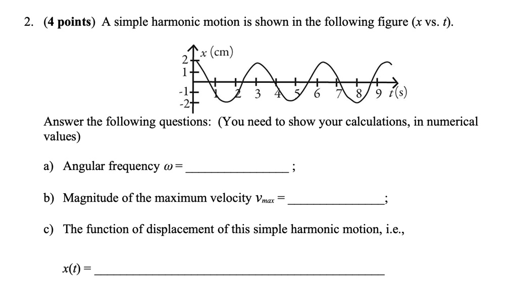 SOLVED: 2 (4 points) A simple harmonic motion is shown in the following figure (x vs. t) (cm ...