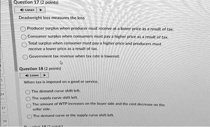 SOLVED: 1 -A 24 - 27 30 Question 17 (2 points) Listen Deadweight loss ... SOLVED: 1 -A 24 - 27 30 Question 17 (2 points) Listen Deadweight loss ...