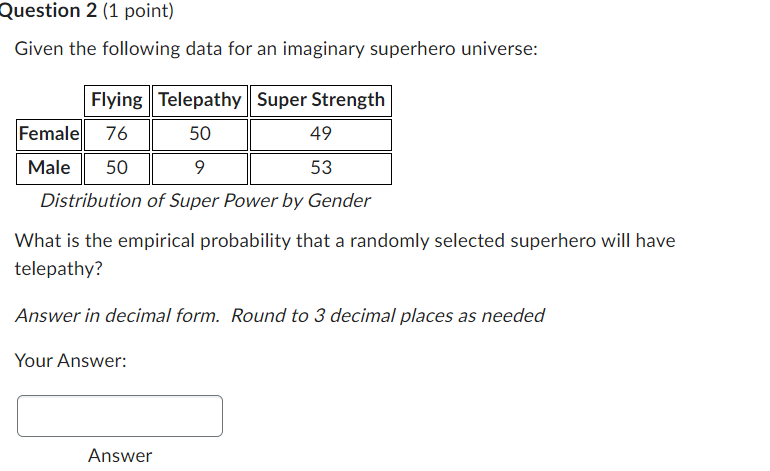 SOLVED: Question 2 (1 point) Given the following data for an imaginary ...