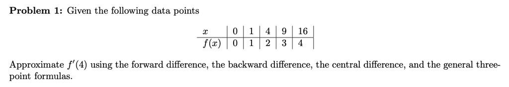 SOLVED: Problem 1: Given the following data points 16, 76, 4dt. Approximate f'(4) using the ...