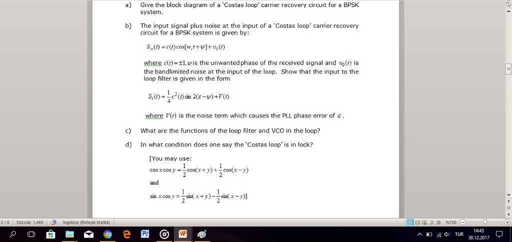 SOLVED: a) Give the block diagram of a Costas loop carrier recovery ...