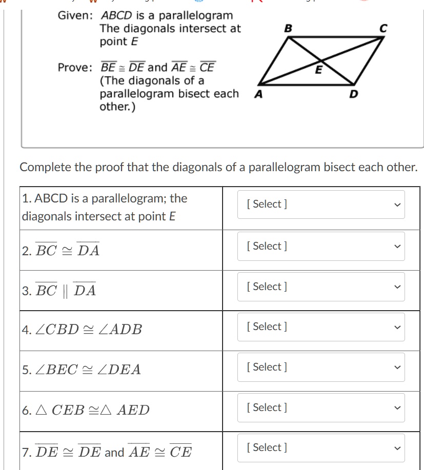 given abcd is a parallelogram the diagonals intersect at point e b prove bede and aece the ...