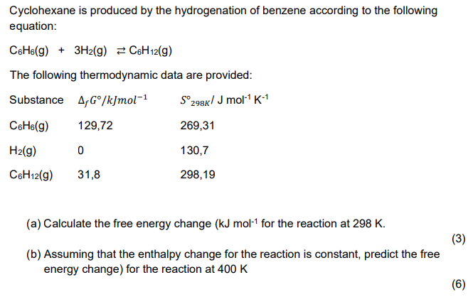 Cyclohexane is produced by the hydrogenation of benzene according to the following equation ...