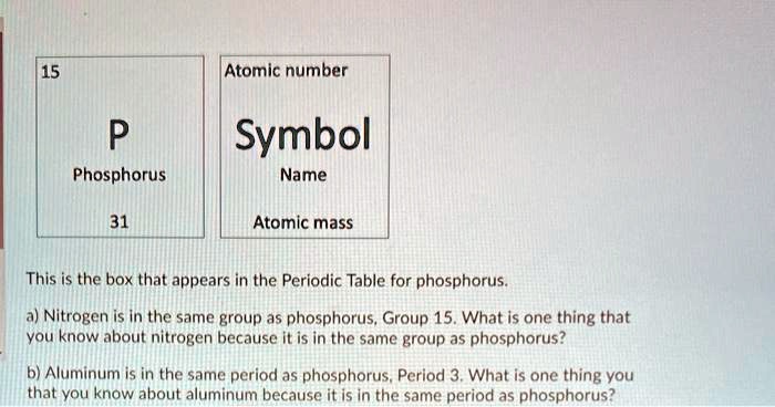 SOLVED: Atomic number P Symbol Phosphorus Name 31 Atomic mass This is ...