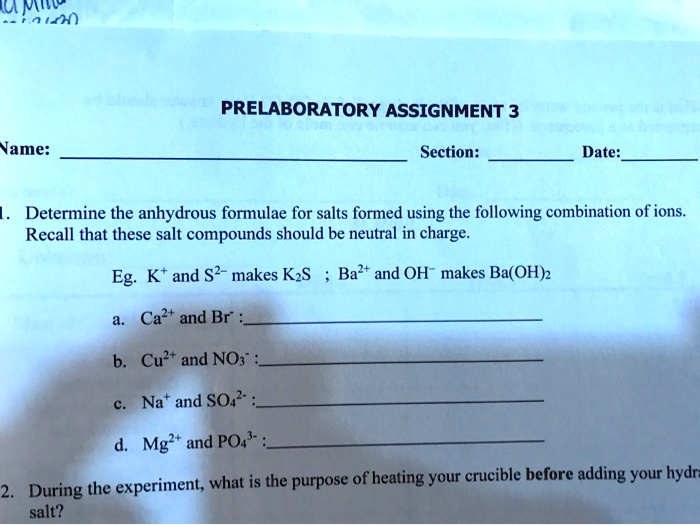 Solved Prelaboratory Assignment 3 Name Section Date Determine The Anhydrous Formulas For