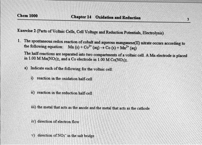 SOLVED: Chem 1000 Chapter 14: Oxidation and Reduction Exercise 2: Parts ...