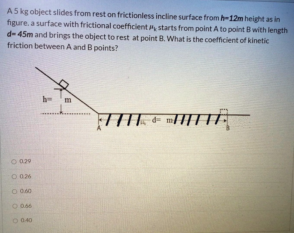 a5 kg object slides from rest on frictionless incline surface from h 12mheight as in figure a ...