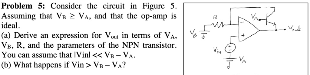 SOLVED: Problem 5: Consider the circuit in Figure 5. Assuming that VB > VA, and that the op-amp ...