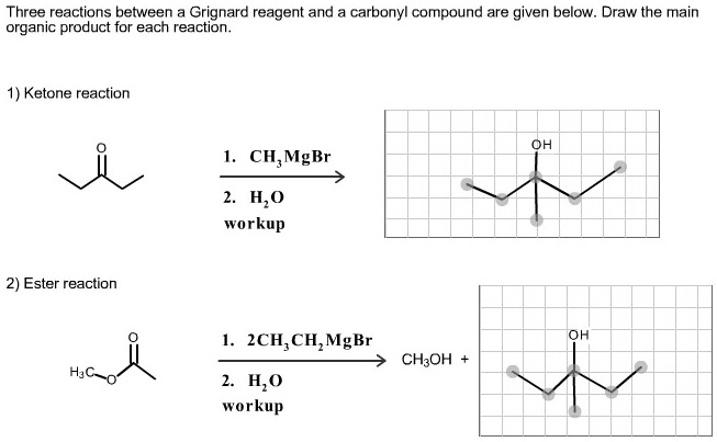 SOLVED: Three reactions between Grignard reagent and carbonyl compound are given below Draw the ...
